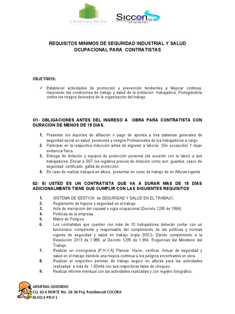 Requisitos Minimos de Seguridad Industrial y Salud Ocupacional para Contratistas 2 | Descargar ...