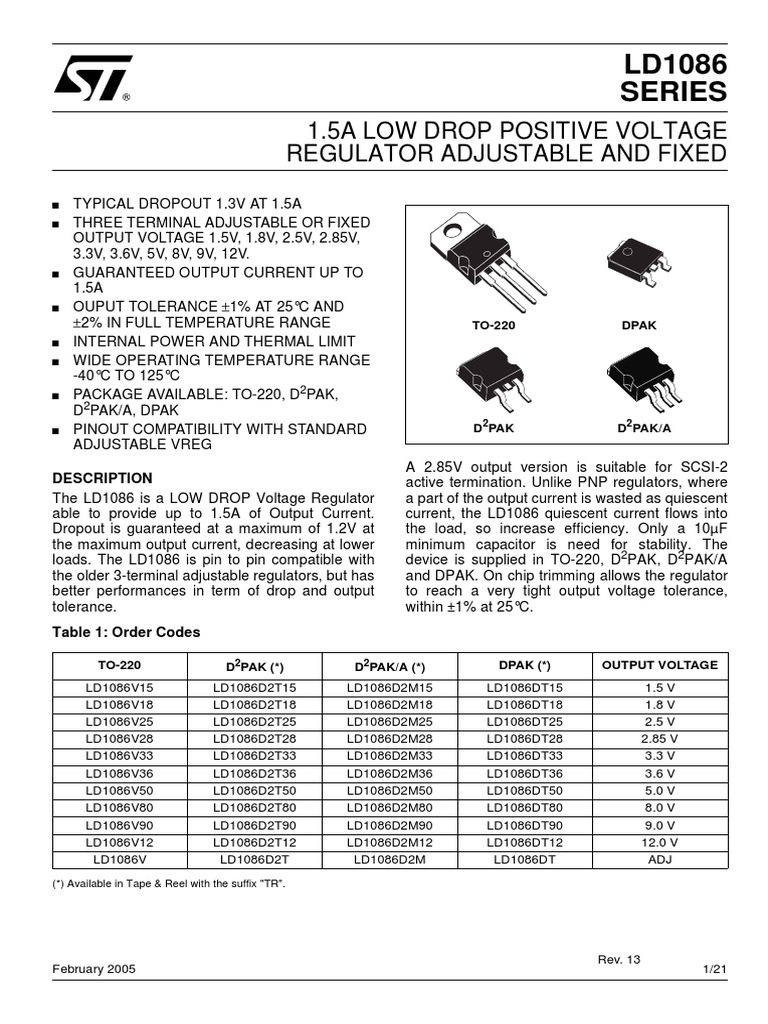 LD1086 Series: 1.5A Low Drop Positive Voltage Regulator Adjustable and Fixed | PDF | Electricity ...