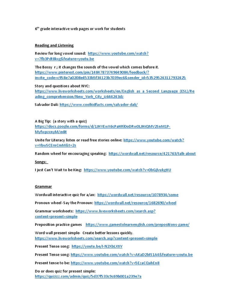 6th Grade Interactive Web Pages or Work For Students | PDF | Verb ...