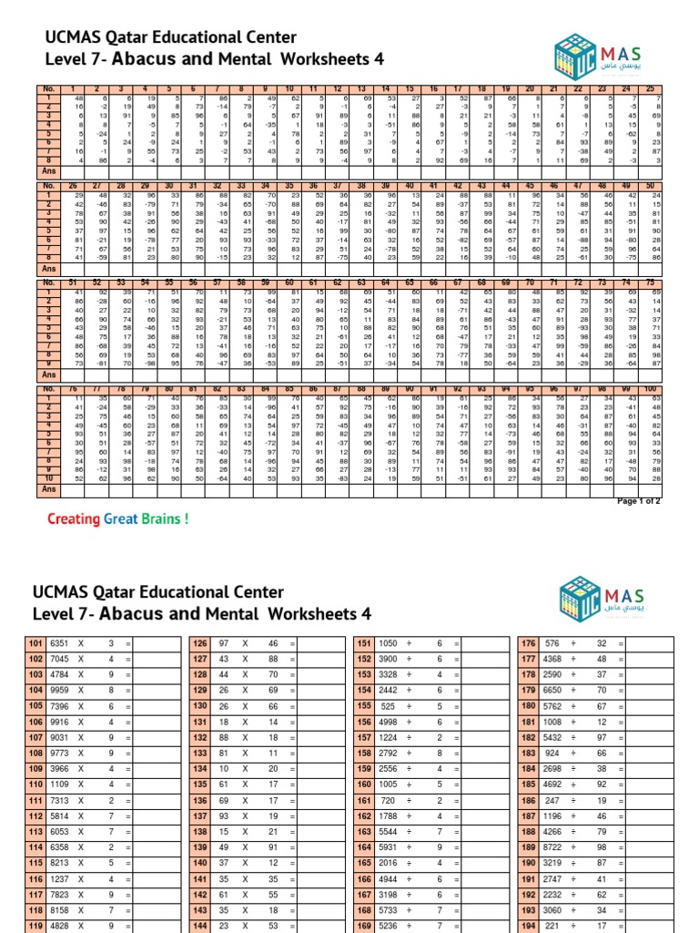 UCMAS Qatar Educational Center Level 7-Abacus and Mental Worksheets 4 | PDF