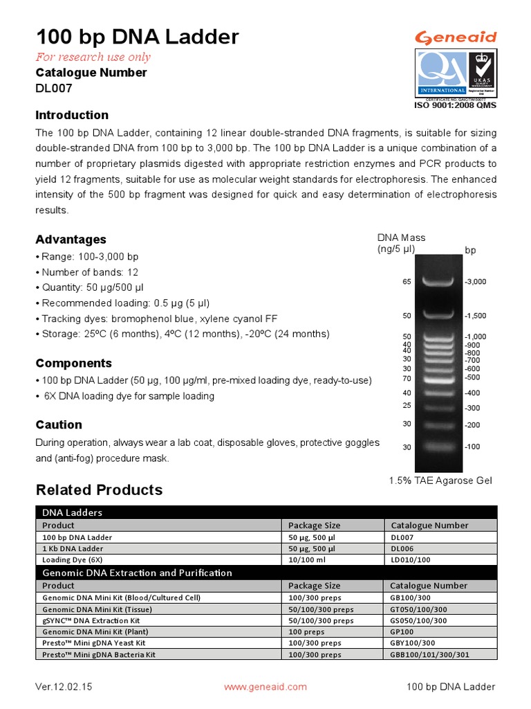 100 BP Genaid | PDF | Agarose Gel Electrophoresis | Laboratories