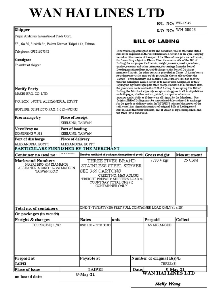 Wan Hai Lines LTD: Bill of Lading | PDF | Bill Of Lading | Cargo