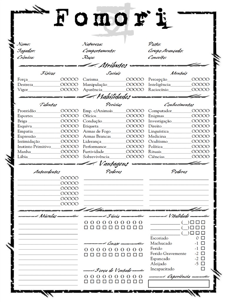 Ficha para Jogador de Fomor | PDF