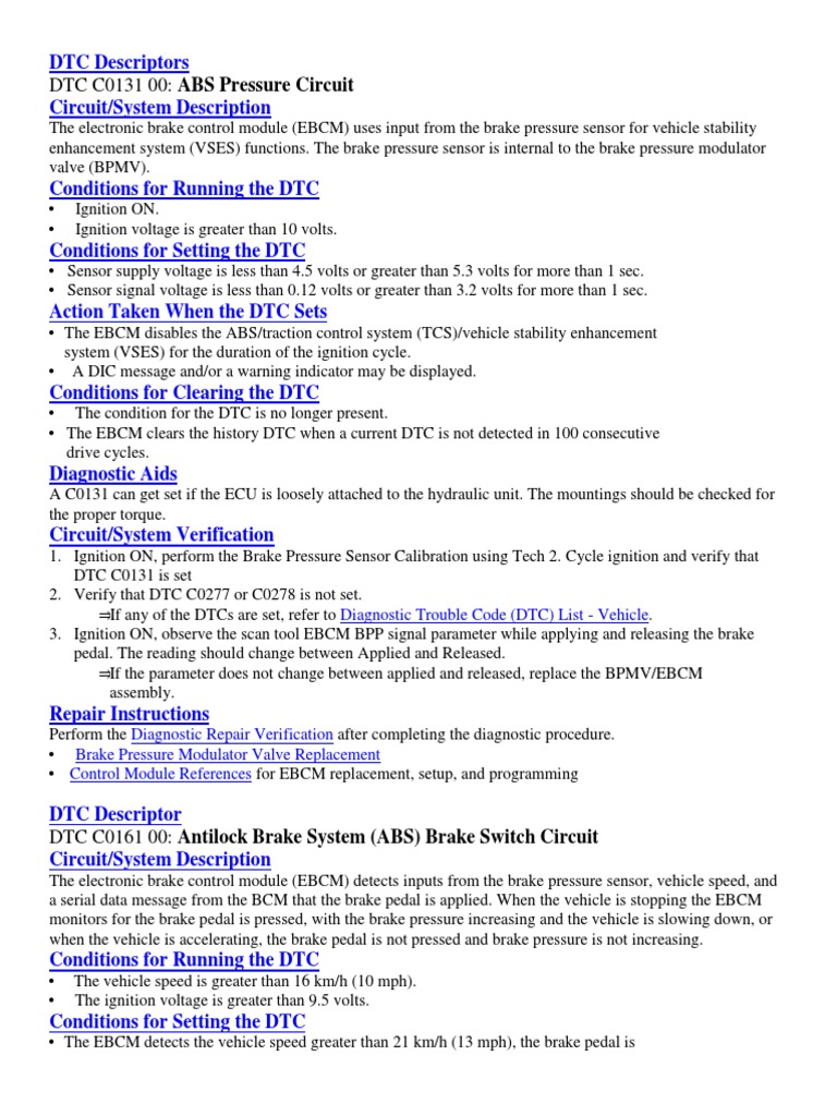 DTC C0131: ABS Pressure Sensor Issues | PDF | Relay | Anti Lock Braking ...