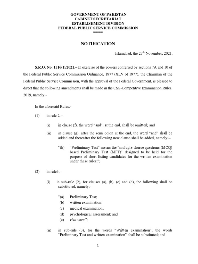 Notification: Government of Pakistan Cabinet Secretariat Establishment ...