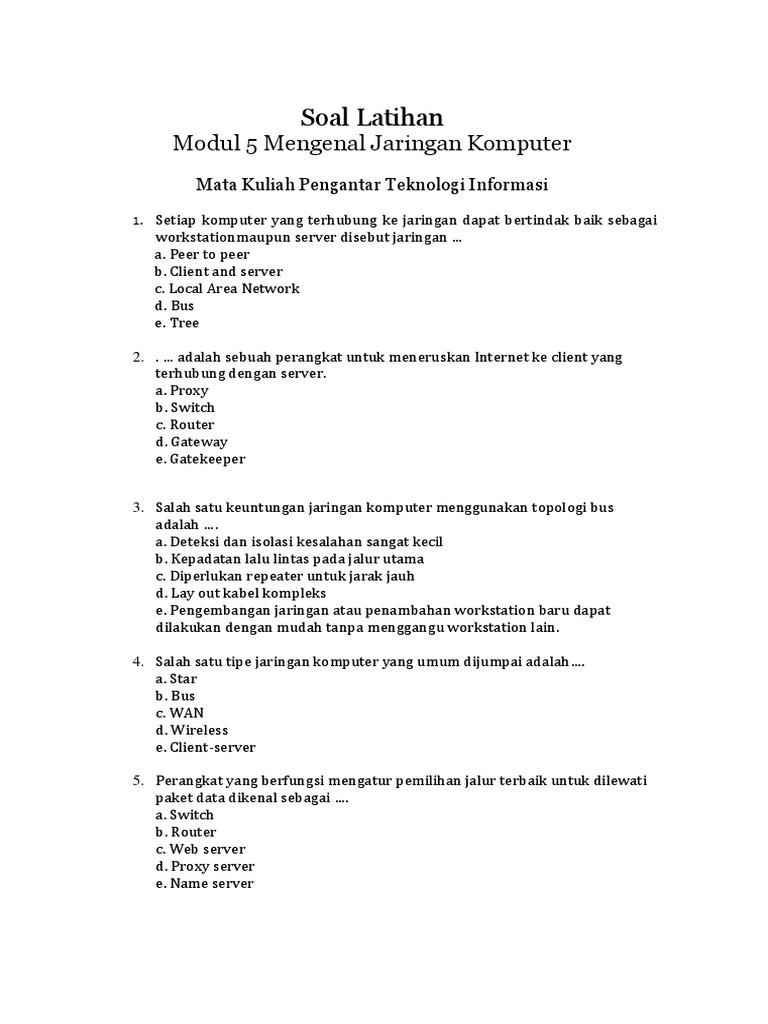 Soal Latihan Mengenal Jaringan Komputer | PDF | Komputer | Teknologi & Rekayasa