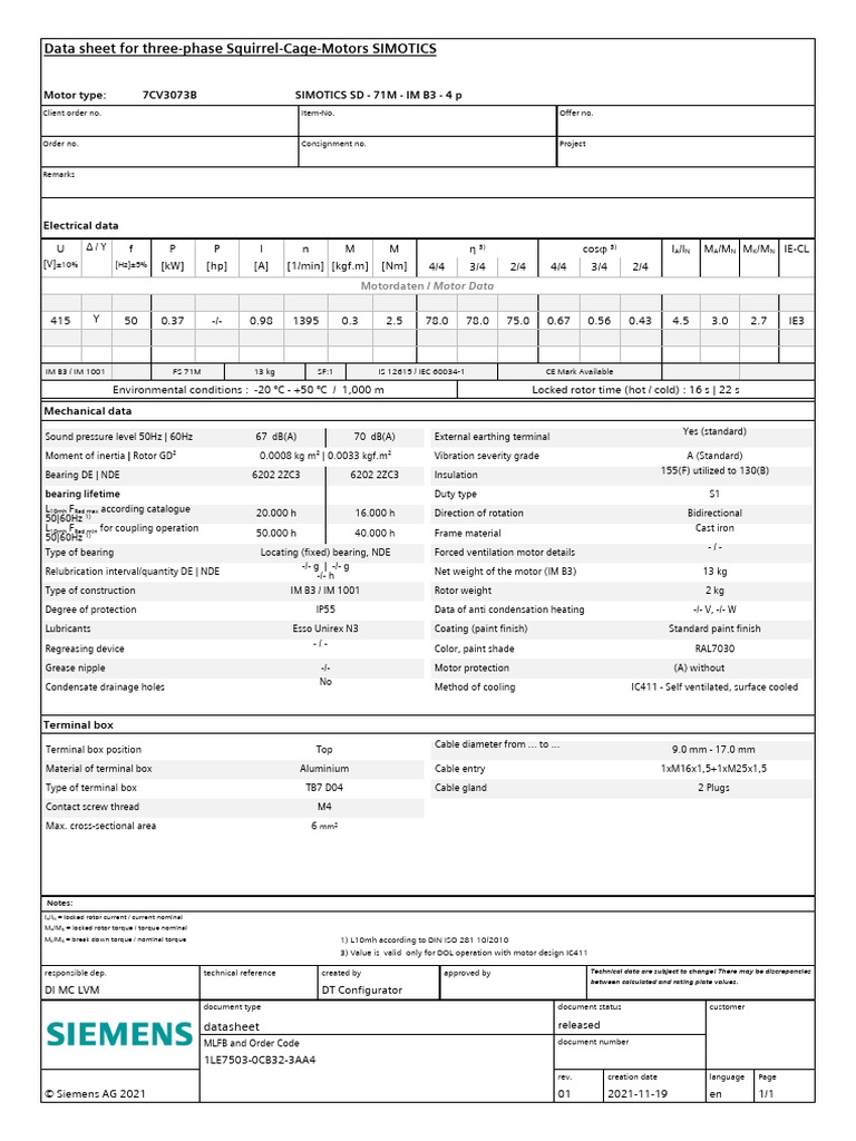 Data Sheet For Three-Phase Squirrel-Cage-Motors SIMOTICS: Motor Type ...