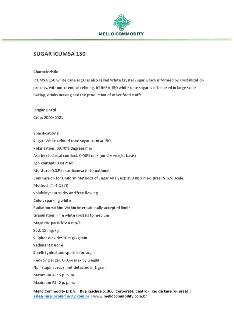 Icumsa 150 Sugar Specification | PDF | Cooking, Food & Wine | Science ...