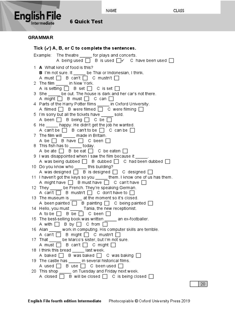 6 Quick Test: Grammar Tick ( ) A, B, or C To Complete The Sentences | PDF