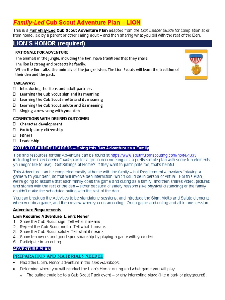 LION'S HONOR (Required) : Family-Led Cub Scout Adventure Plan - LION ...