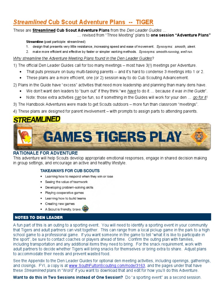 Streamlined Cub Scout Adventure Plans - TIGER | PDF | Scouting