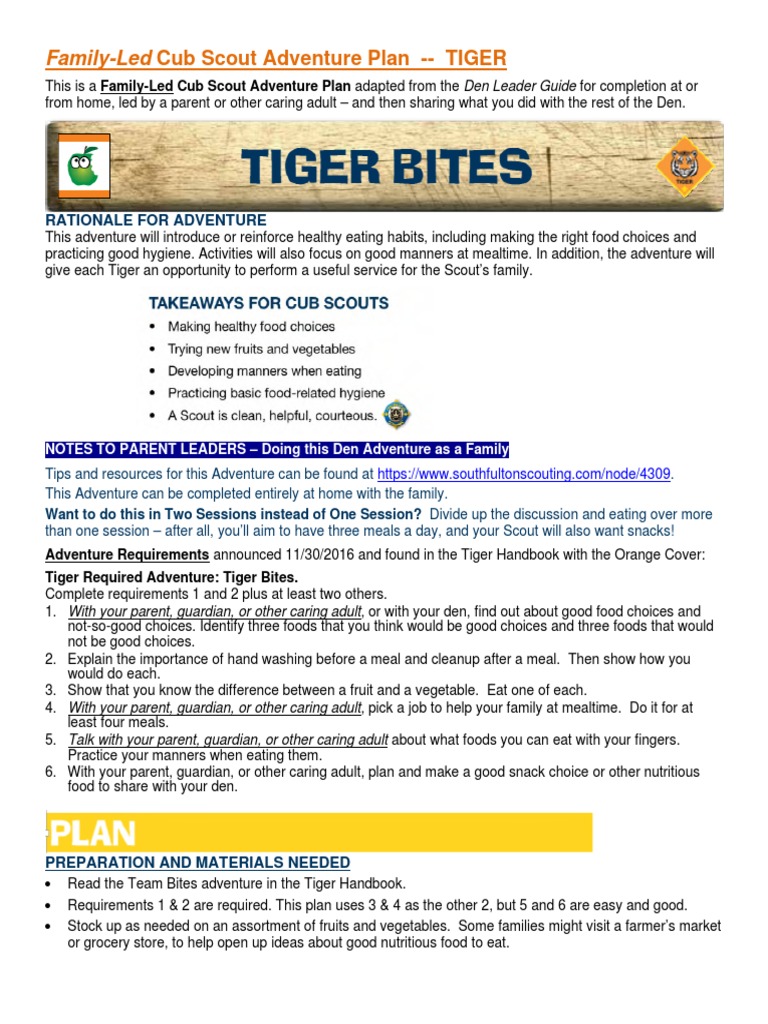 Family Led Tiger Adventure Plan Tiger Bites | PDF | Foods | Scouting