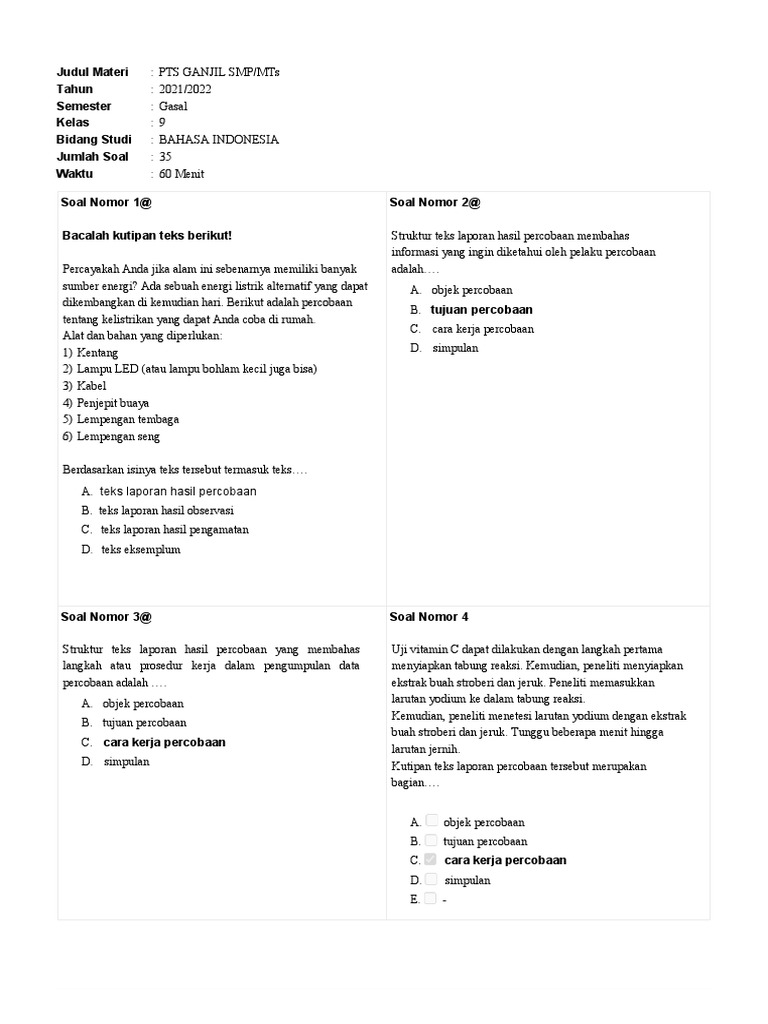 Soal PTS Ganjil Bahasa Indonesia Kelas 9 | PDF | Sains & Matematika