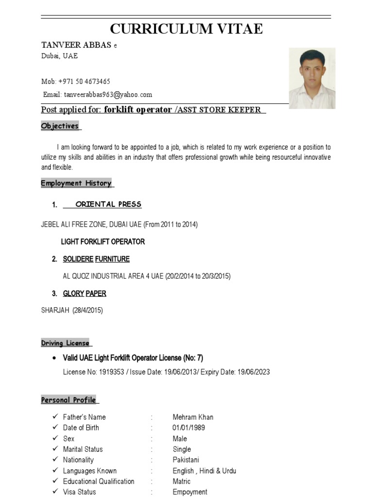Curriculum Vitae: Forklift Operator | PDF