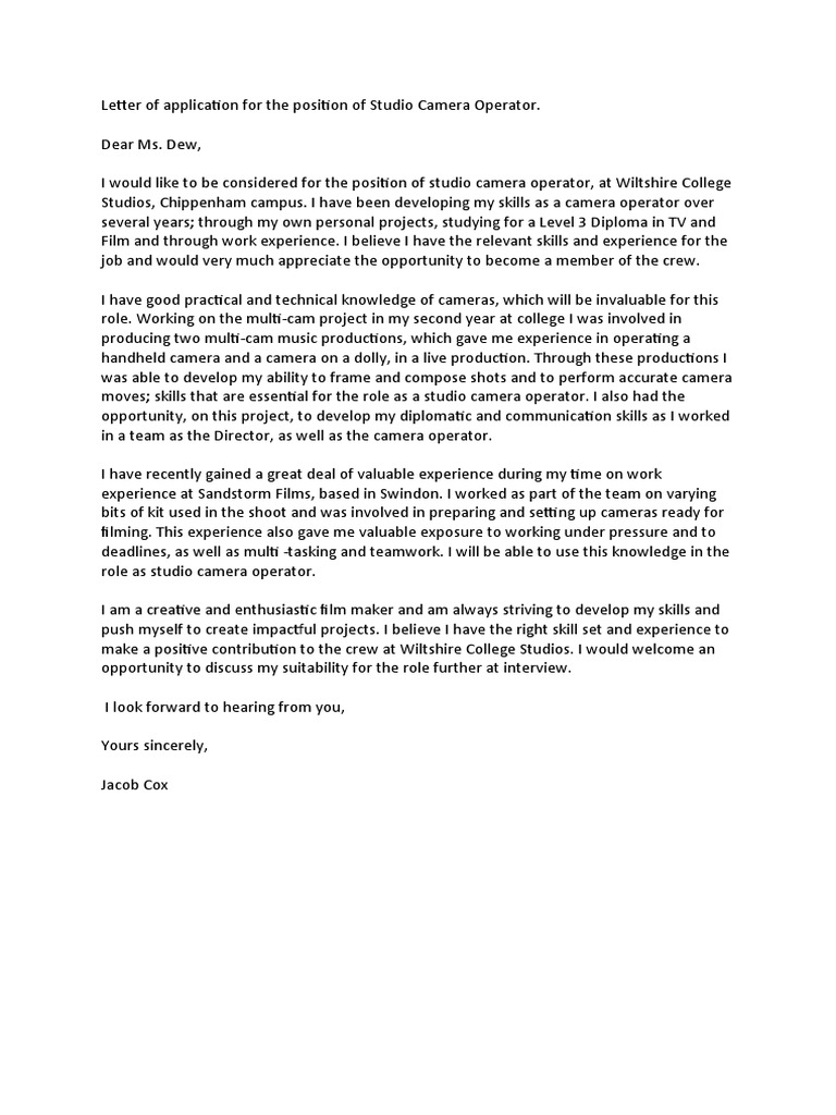 Letter of Application For The Position of Studio Camera Operator | PDF ...