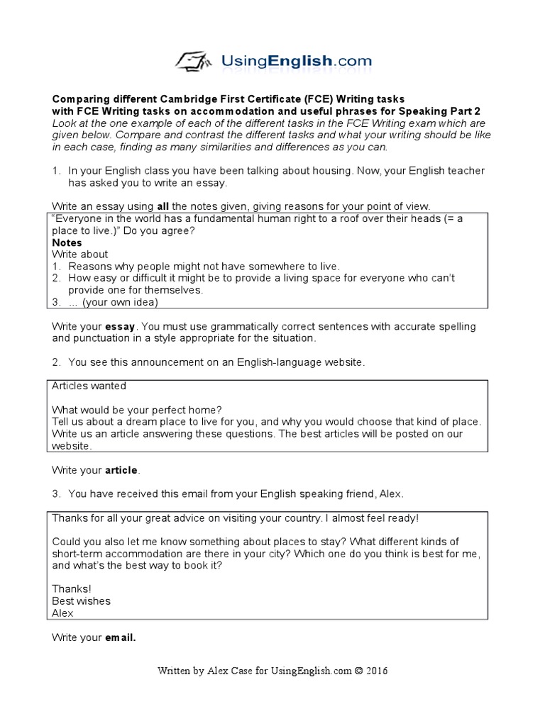 Cambridge First Certificate Fce Comparing Writing Tasks | PDF | Essays ...