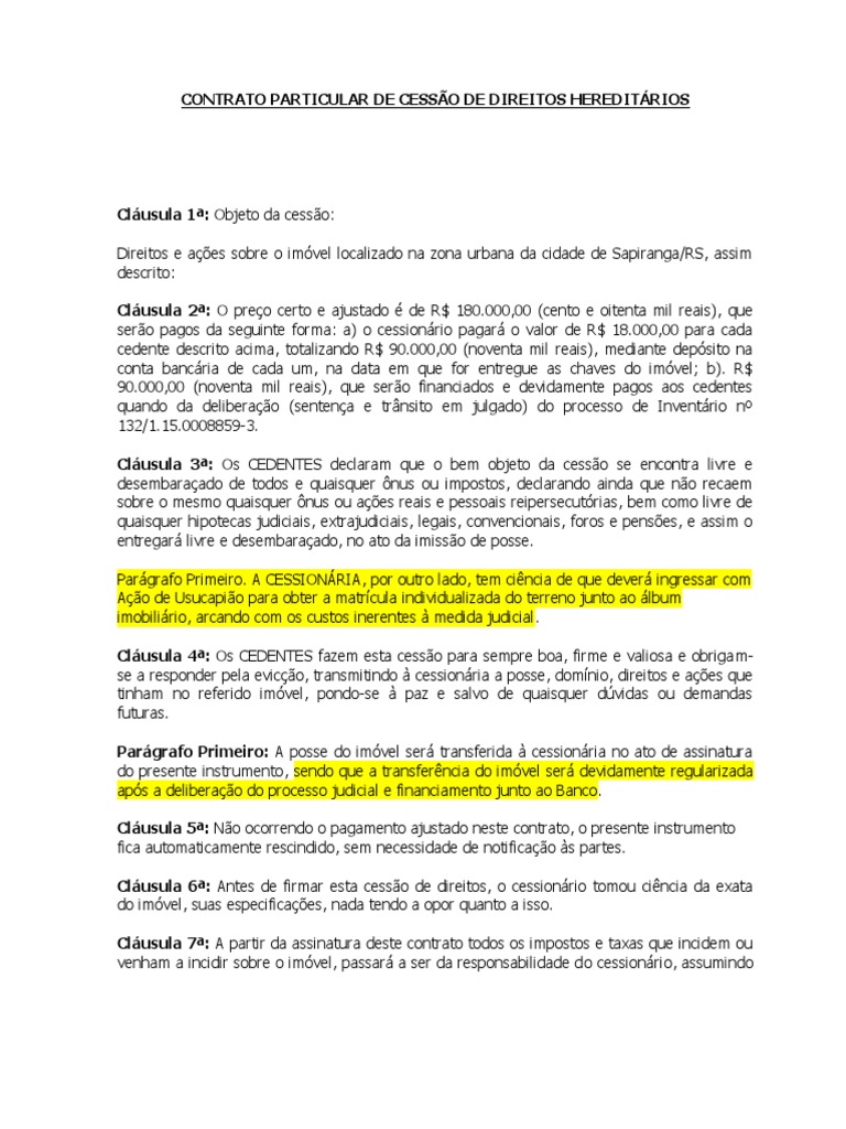 Modelo Cessão De Direitos Hereditários Download Grátis Pdf