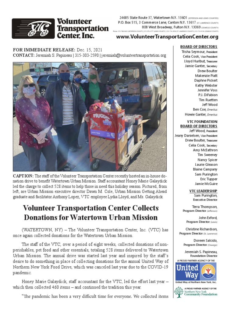 Volunteer Transportation Center Collects Donations For Watertown Urban ...