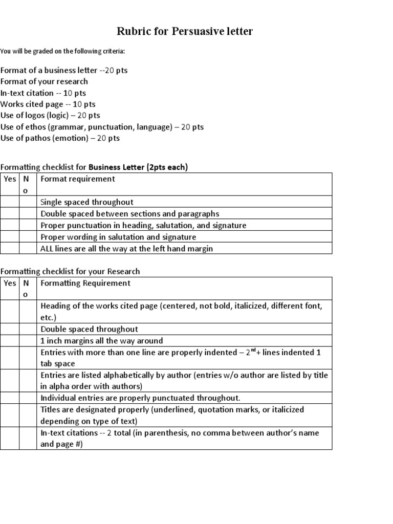 Rubric Persuasive Letter-Research | PDF | Language Arts & Discipline