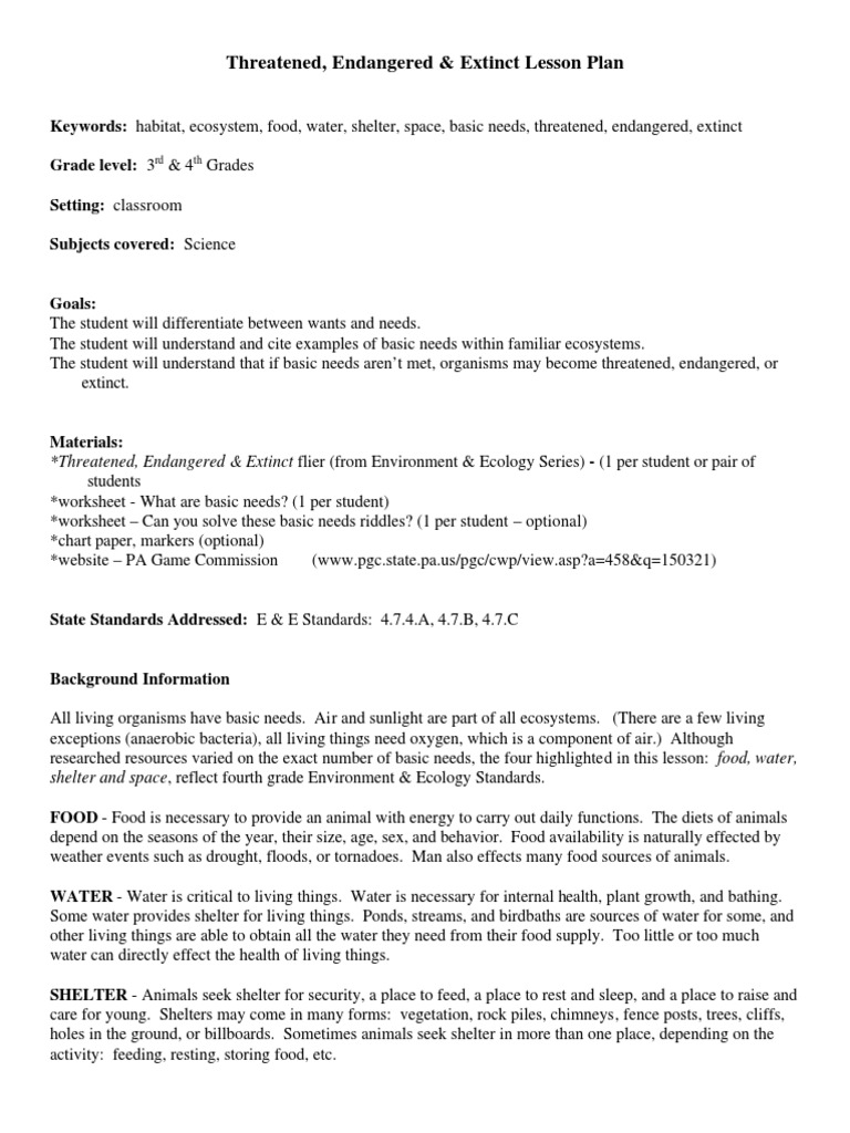 Threatened, Endangered & Extinct Lesson Plan | Download Free PDF ...