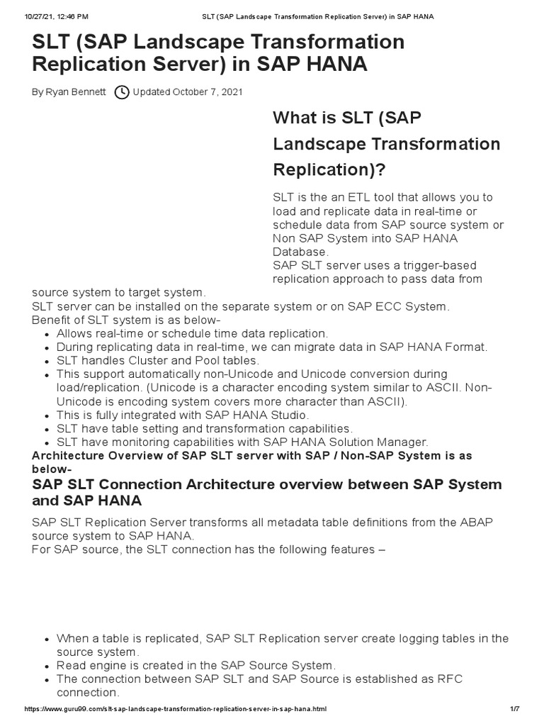 Slt In Sap Hana Sap Source System Pdf Databases Replication Computing