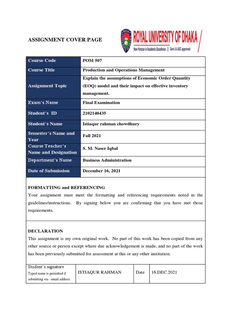 Pom 507 Production & Operation Management - Istiaqur Rahman Chowdhury ...