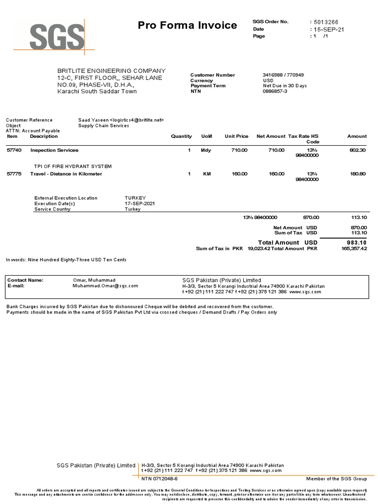 Pro Forma Invoice: SGS Pakistan (Private) Limited | PDF | Cheque | Payments