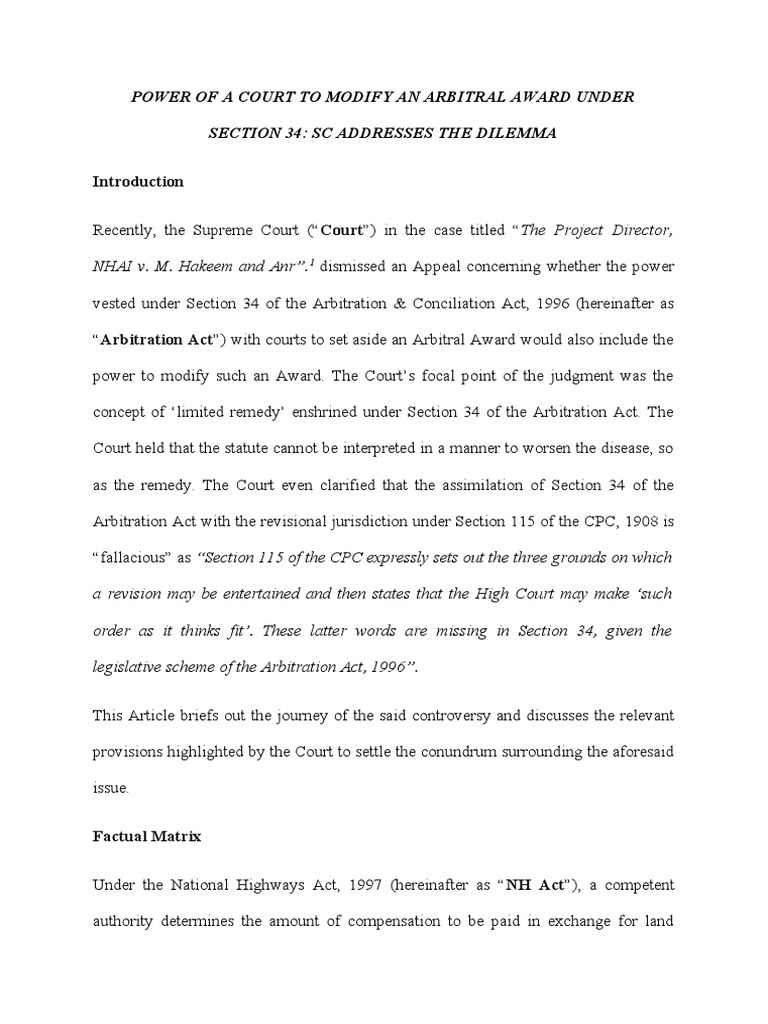 Power of A Court To Modify An Arbitral Award Under Section 34: SC Addresses The Dilemma | PDF ...