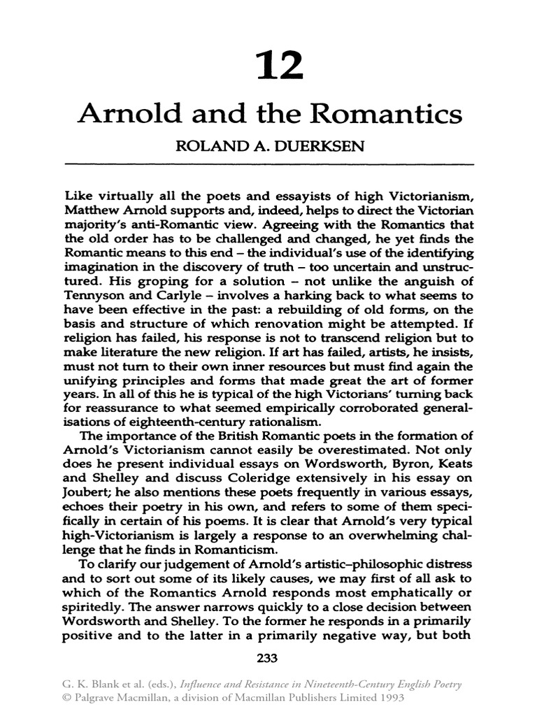 Arnold and The Romantics: Roland A. Duerksen | PDF | Romanticism | John Keats