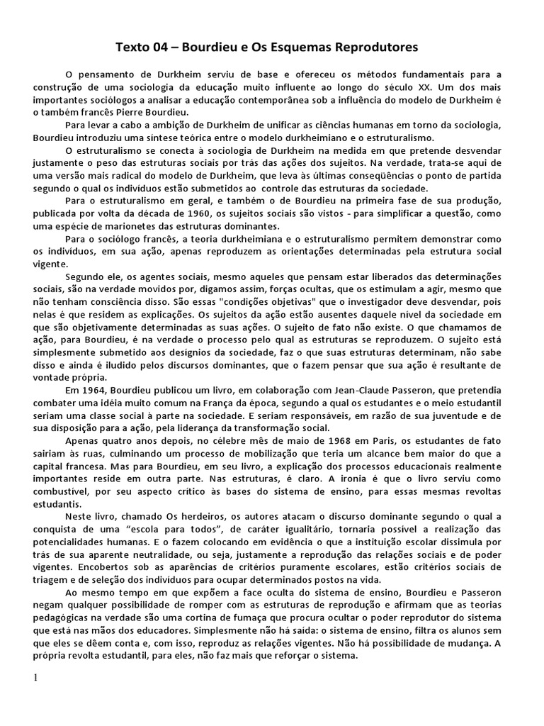 Texto 04 - Bourdieu e Os Esquemas Reprodutores | PDF | Sociologia | Émile Durkheim