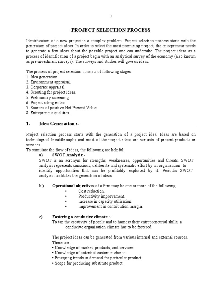 Project Selection Process | PDF | Swot Analysis | Entrepreneurship
