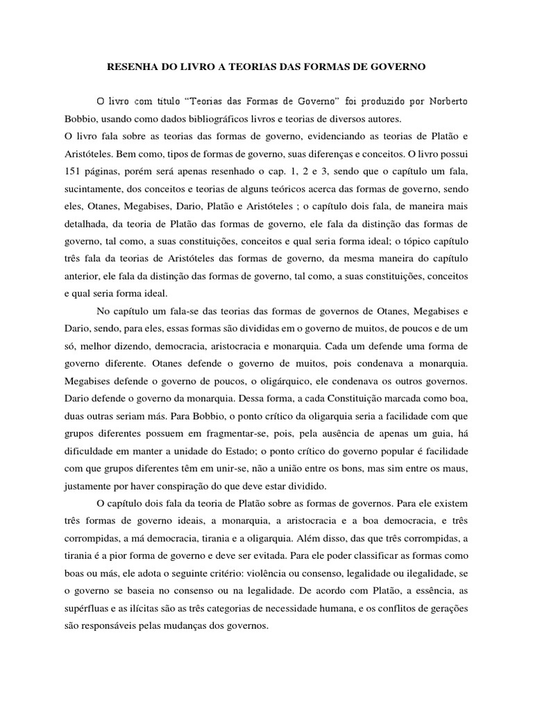 Resenha Do Livro Teorias Das Formas de Governo Cap 1, 2 e 3 | PDF | Platão | Aristóteles