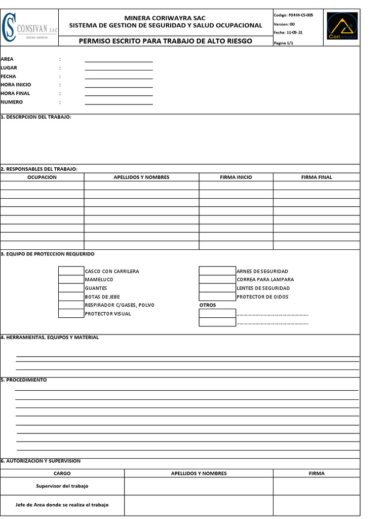 Formato Permiso de Trabajo de Alto Riesgo | PDF