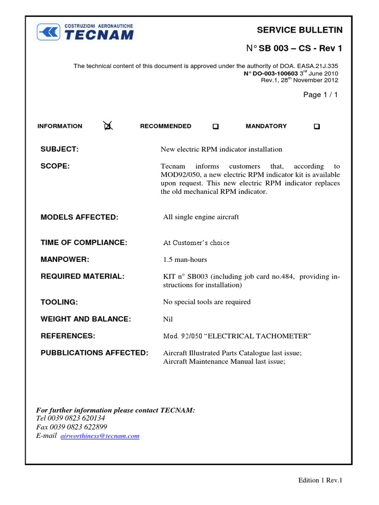 Subject Scope: Service Bulletin - CS - Rev 1 | PDF