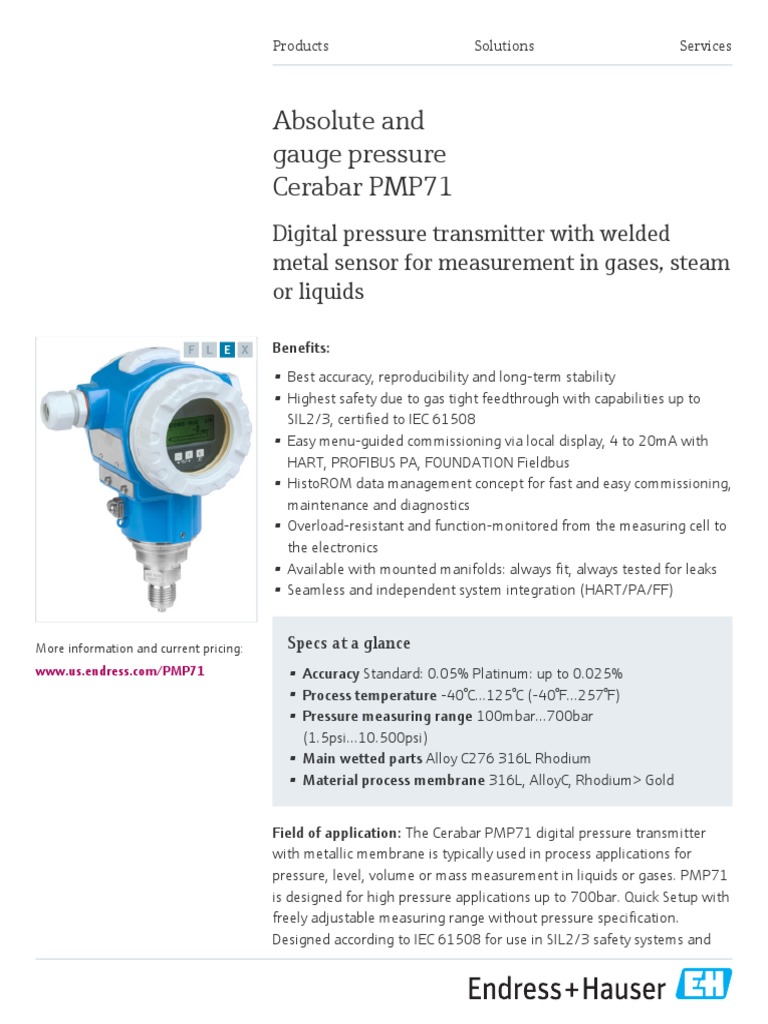 Absolute and Gauge Pressure Cerabar PMP71 | PDF | Pressure Measurement ...