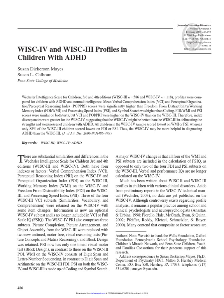 WISC-IV and WISC-III Profiles in Children With ADHD: Susan Dickerson ...