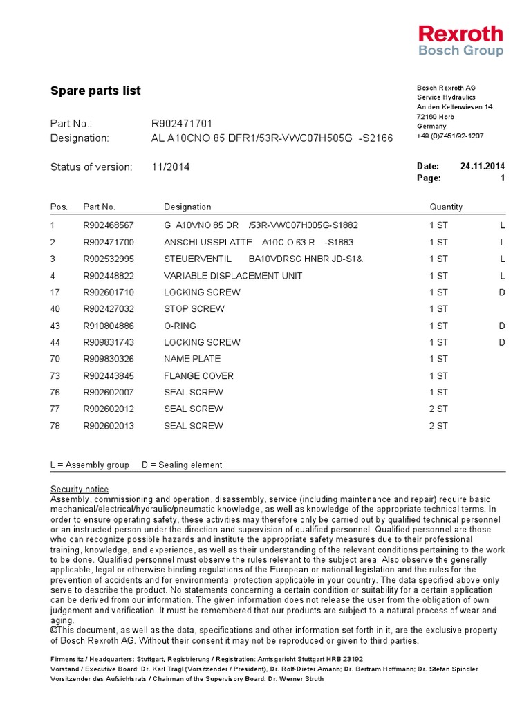 Spare Parts List: Part No.: R902471701 Designation: AL A10CNO 85 DFR1 ...