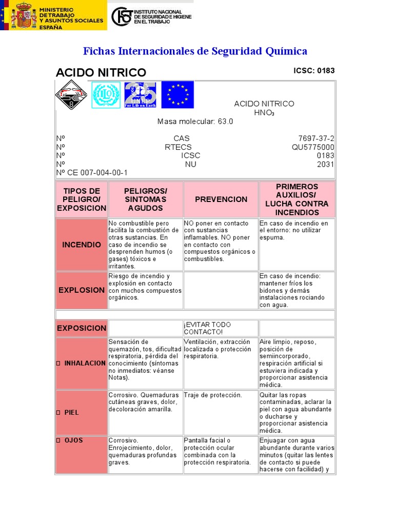 Fichas Internacionales de Seguridad Química - (Acido Nitrico) | PDF | Agua | Quemar
