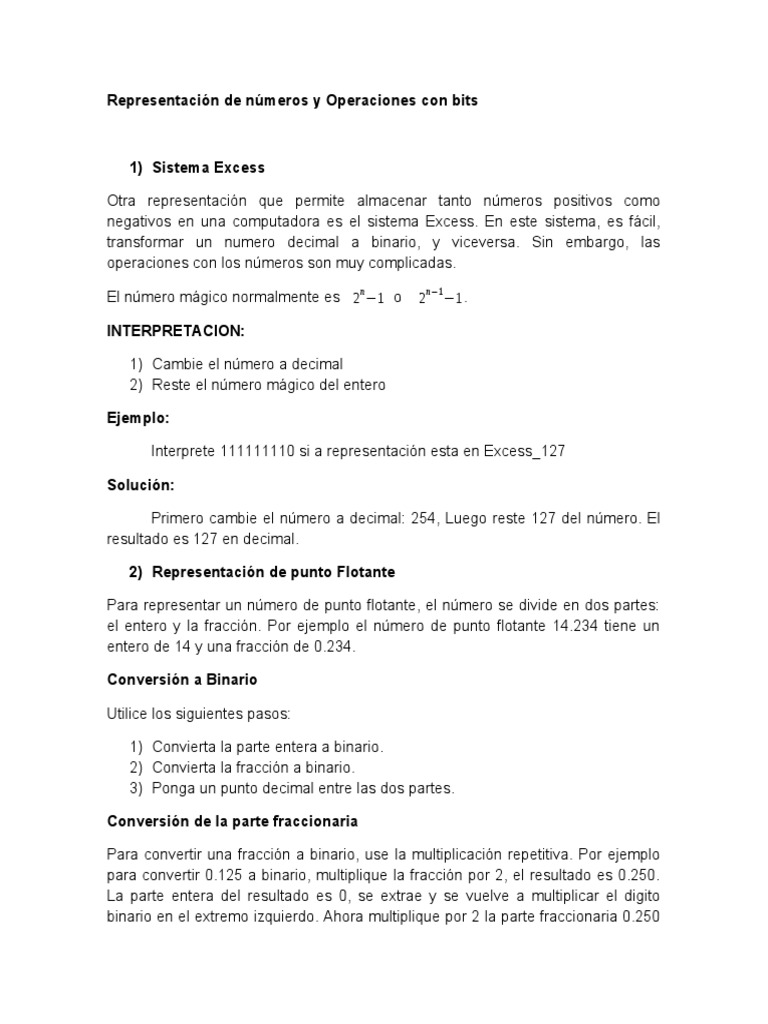 Representación De Números Y Operaciones Con Bits Pdf Poco Sustracción 