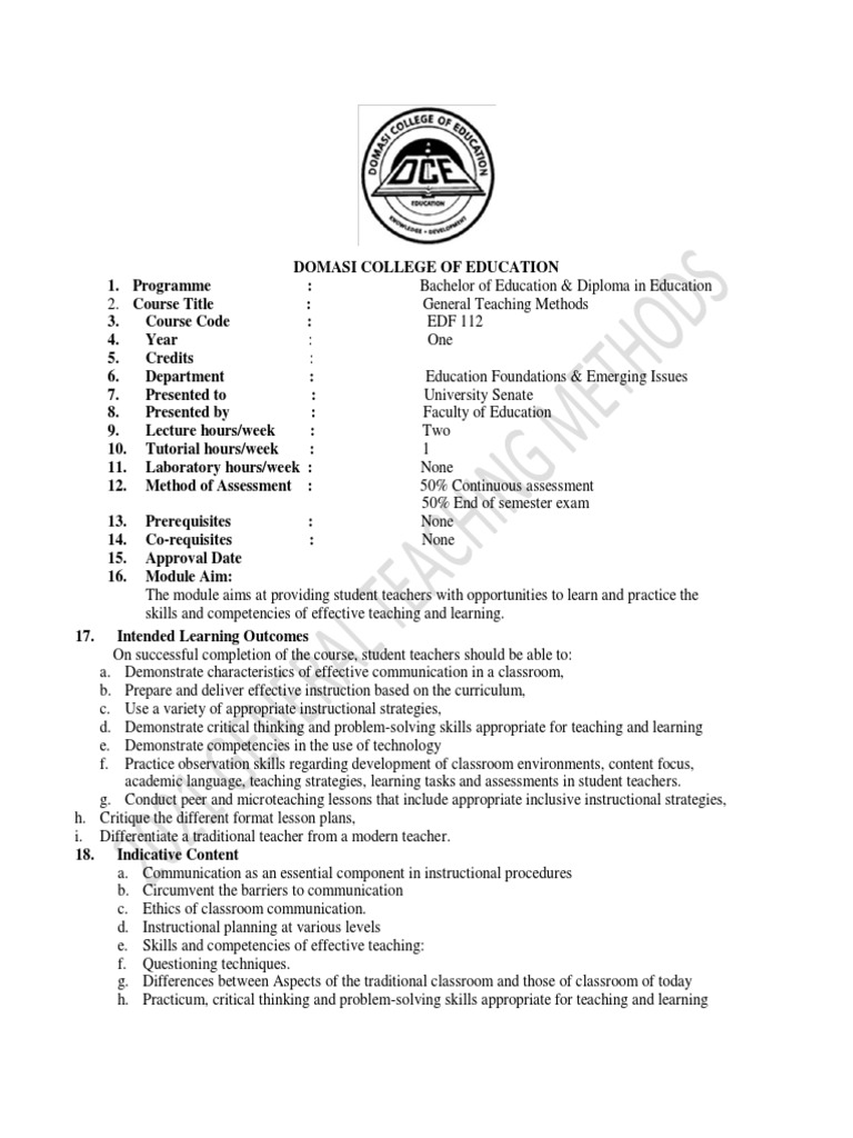 General Teaching Methods - Students Course Outline | PDF | Teachers | Teaching Method