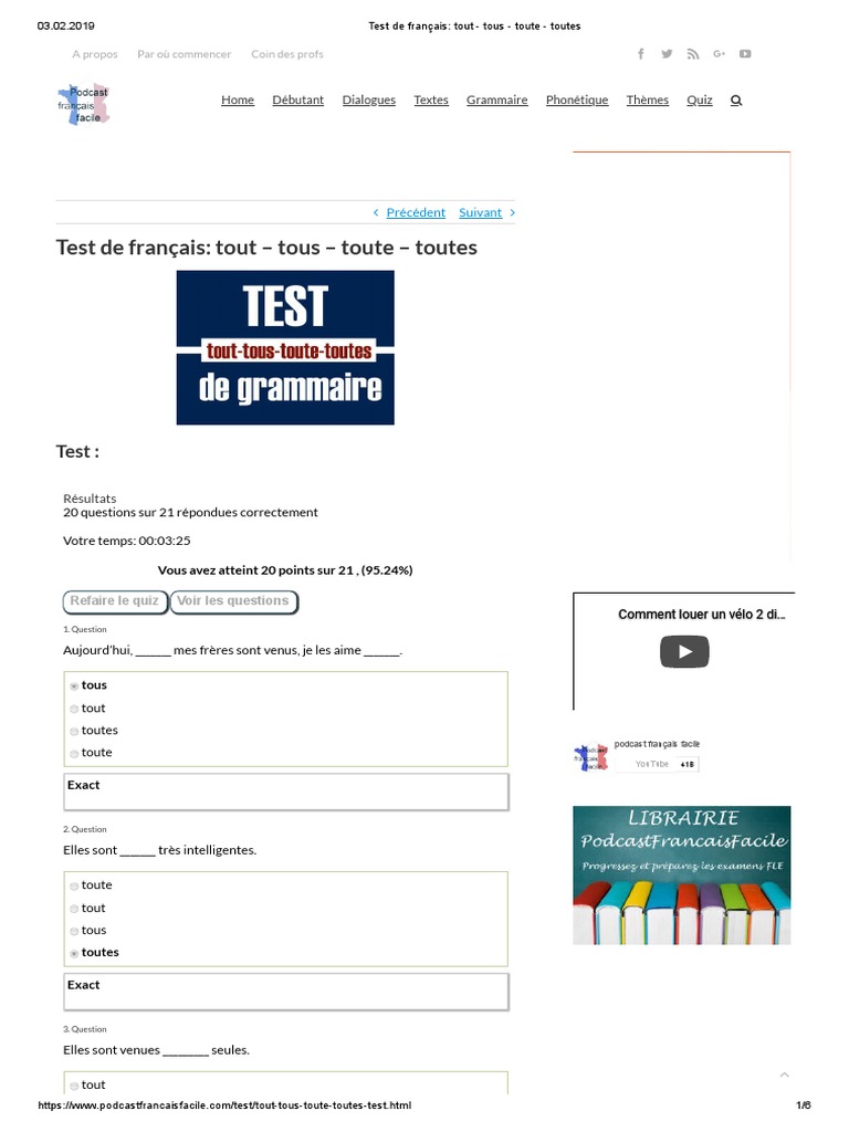 Test de Français - Tout - Tous - Toute - Toutes | PDF | Linguistique