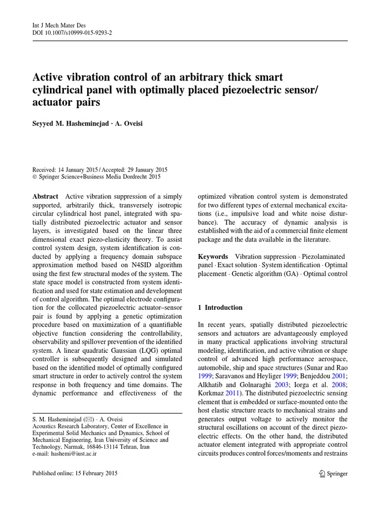 4.active Vibration Control of An Arbitrary Thick Smart Cylindrical Panel With Optimally Placed ...