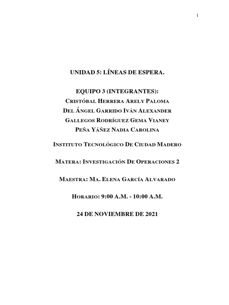 TAREA 1. U5. IO2. Líneas de Espera (Equipo 3) . | PDF | Matemáticas