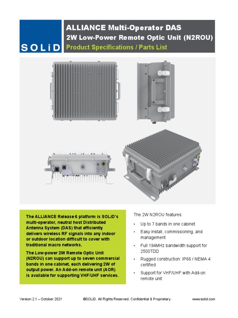 SOLiD Data Sheet ALLIANCE 2W Remote Unit N2ROU v2.1 | PDF | Optical Fiber | Amplifier