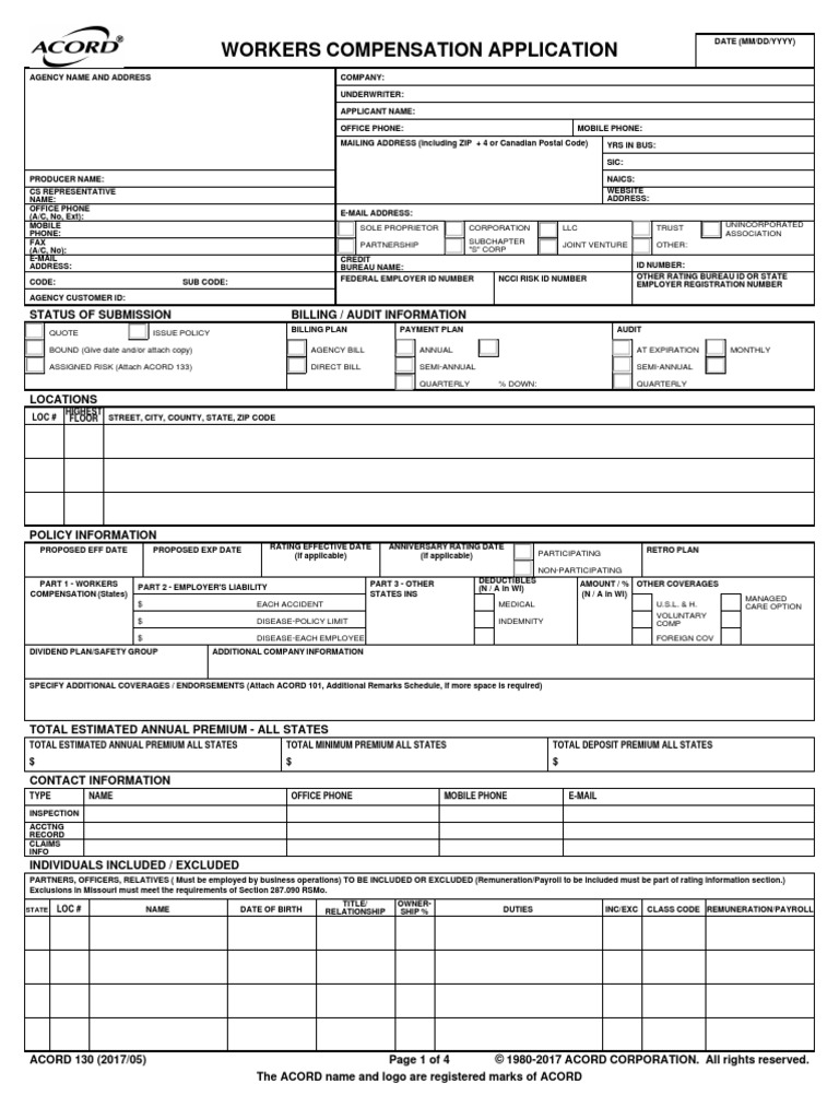 ACORD 0130 Workers Compensation 2017-05 | PDF | Insurance | Fraud