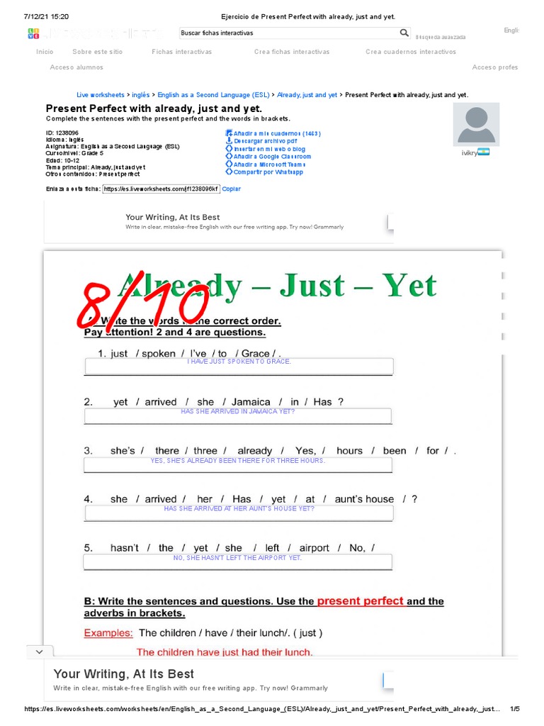 Present Perfect: Just, Already, Yet Exercises | PDF