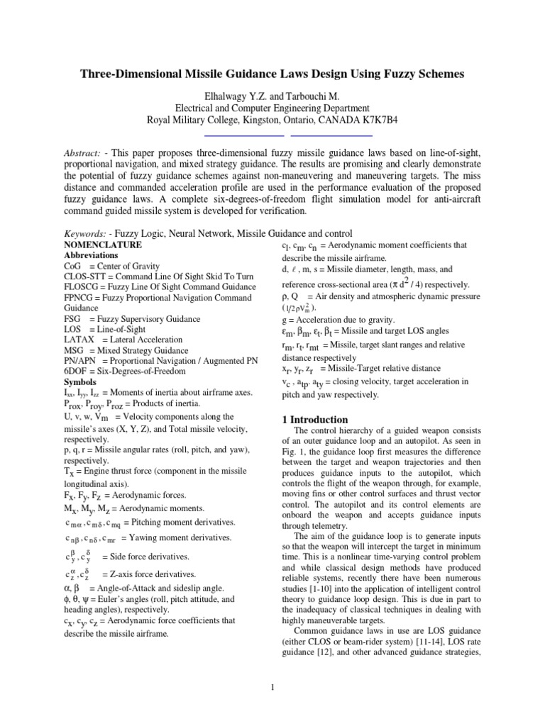Three-Dimensional Missile Guidance Laws Design Using Fuzzy Schemes | PDF | Flight Dynamics ...
