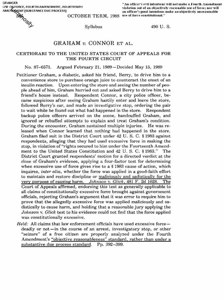 Graham v. Connor (1989) - Use of Force-Qualified Immunity | PDF ...