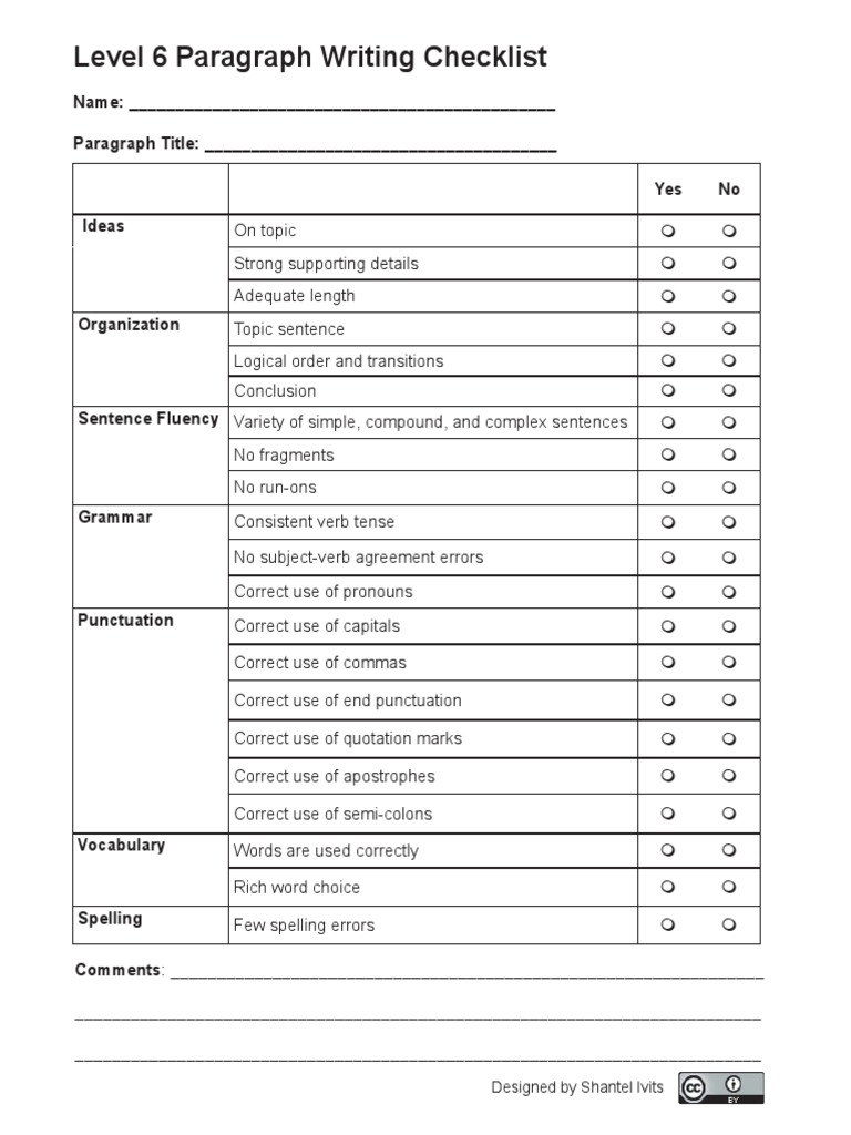Level 6 Paragraph Writing Checklist: Designed by Shantel Ivits | PDF