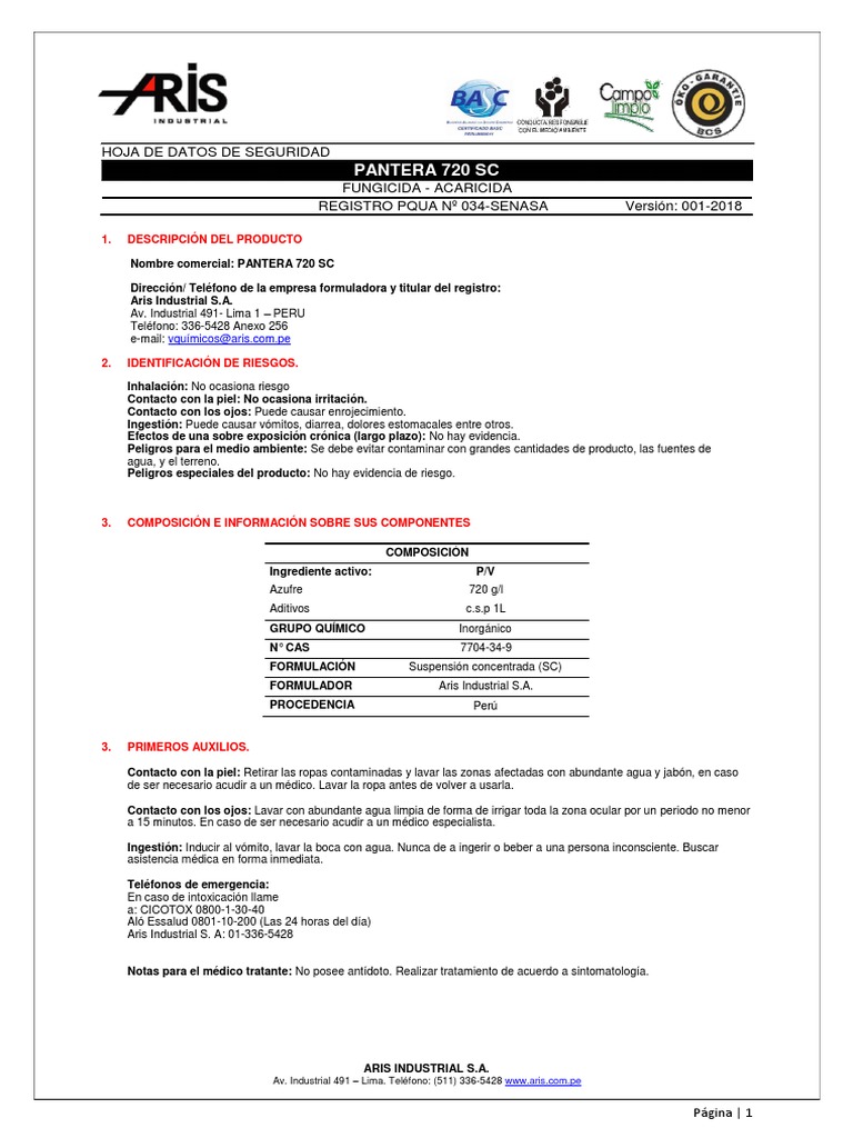 03 MSDS - Pantera 720 SC ENE-2019 | PDF | Agua | Toxicidad